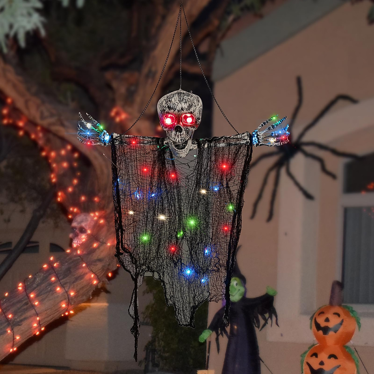 Solar Halloween Decorations Hanging Skeleton Ghost Color Changing LED Halloween Hanging Grim Reapers Outdoor Skeleton Flying Ghost Halloween Outdoor Indoor Decor