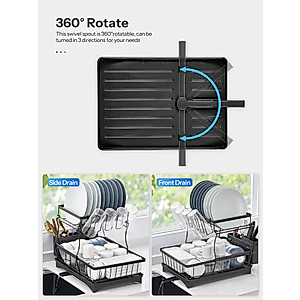 Reemix Dish Drying Rack, 2 Tier Dish Drainer with Removable Utensil Holder and Swivel, Durable High Carbon Steel Material, Larger Capacity, Easy Installation, Black