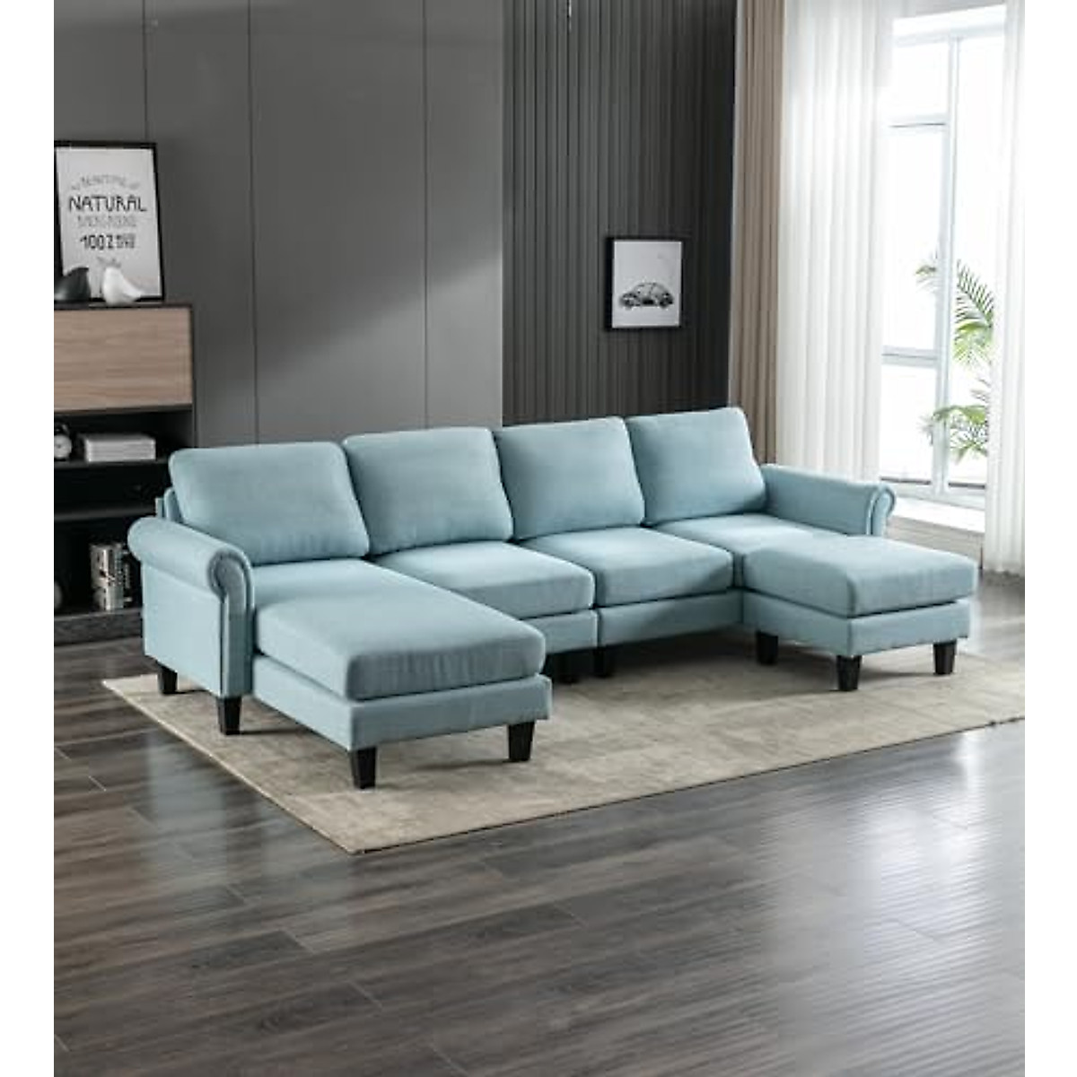 i-POOK 108" U-Shaped Sectional Couch, 6-Seat Linen Modular Couch with Chaise Lounge and Removable Cover, Modern Corner Couch with Ottoman for Living Room, Light Blue