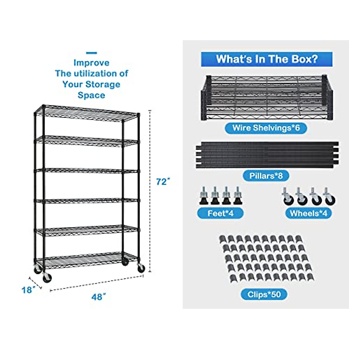 Haiput Wam Garage Storage Shelves for Storage,Organizer Metal Wire Shelving Unit, 5/6 Tier Steel Storage Racks,750Lbs Rust-Proof Adjustable Shelves (Black, 2100Lbs 6 Tier)