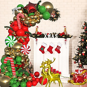 Christmas Balloon Garland Arch Kit, Christmas Reindeer Foil Balloons Kit with Red Green Gold Balloons Candy Foil Balloons Candy Cane Balloons Red Star Balloons for Xmas New Year Party Decorations