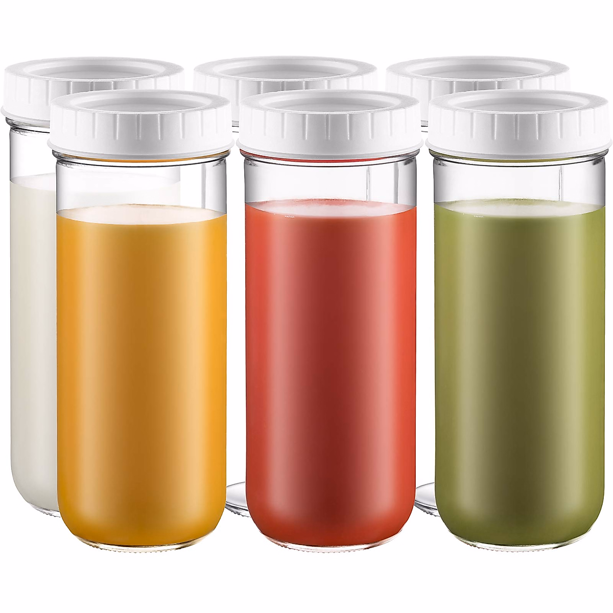 Glass Drinking Bottle Travel Drinking Jars 6 Pack, 16oz Mason Jars Regular Mouth Beverage Bottle with Airtight Lids, Reusable Water Bottle Skinny Tumbler for Juice/Smoothies/Kombucha/Tea/Milk/Shakes