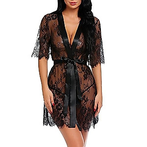 Avidlove sexy robe Women Kimono Robe Floral Lace Babydoll Lingerie Sheer Mesh Nightgown Black L
