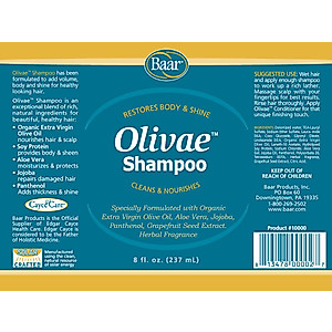 Baar Olivae Shampoo Organic Olive Oil Formula Nourishes Hair while Cleaning. Aloe Vera, Jojoba Oil, and Proteins Repair Damaged Hair, Help Thicken, and Adds Body to All Hair Types. 8 ounces.
