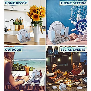 CoTa Global Moonlight Nautical Wooden Coaster Set - Rustic Circle Coaster Set with Holder, Cute Beach Theme Drink Coasters Set for Spill and Scratch Free Tabletop - 6 Coasters and 1 Holder Set