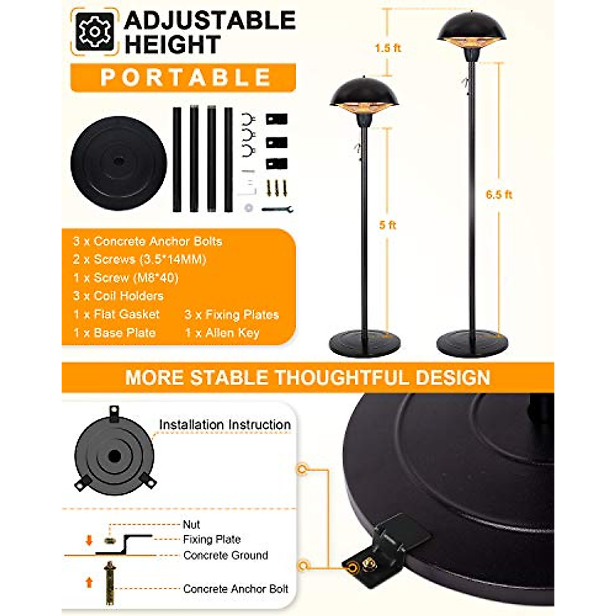 Star Patio Outdoor Heater, Outdoor Heater, 1500W Infrared Heater with Dome Shape and Hammered Bronze Finish, Adjustable Height Outdoor Heater, STP1566-B-S-N1