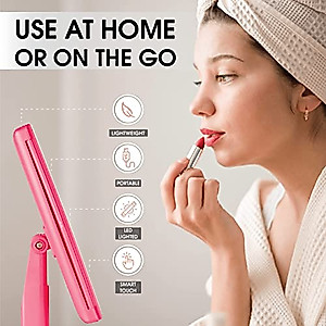 Beautyworks Backlit Makeup Vanity Mirror 36 LED Lights Touch-Screen Light Control, Tri-Fold 1/2/3X Magnification, Portable High-Definition Clarity Cosmetic Light Up Magnifying Mirror (Pink)