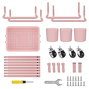 3-Tier Rolling Mobile Utility Cart with Hanging Cups & Hooks & Handle Multifunctional Organizer Storage Trolley Service Cart with Wheels Easy Assembly for Office, Bathroom, Kitchen(Pink)