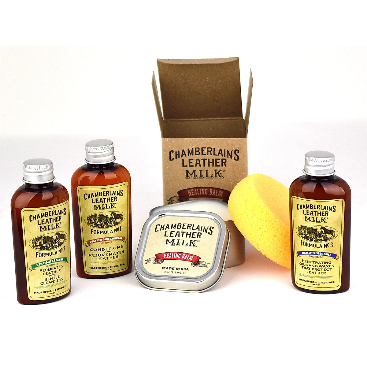 Chamberlain's Leather Milk Sample Bundle - No. 1, No. 2, No. 3 and Healing Balm. Natural and Effective Quality Leather Cleaner, Conditioner, Protectants, Applicator Pad