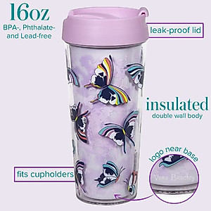 Vera Bradley Purple Thermal Travel Mug, Double Wall Insulated Cup, 16 Ounce BPA-Free Tumbler with Lid, Lavender Butterflies