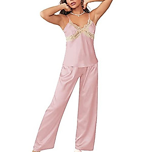 LYANER Women's Satin Silk Pajamas Set V Neck lace Trim Cami Top and Pants Sleepwear Pjs Set Pink Medium