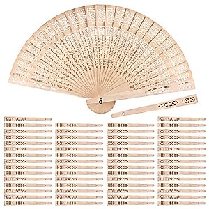 JAPCHET 60 Pack 8 Inch Sandalwood Fan, Vintage Wooden Hand Held Folding Fan, Hollow Carved Handheld Fans for Wedding Decor, Dancing, Birthday Gift, Photo props