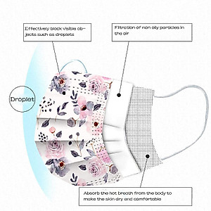 50PC Flower Disposable Face_Masks for Women, 3-Ply Colorful Floral Breathable Face_Mask with Nose Wire for Glasses Wearers, Protective Facemask with Printed Design for Adults Holiday Party