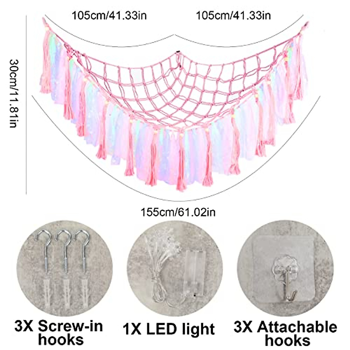 Stuffed Animal Net or Hammock, Stuffed Animal Storage with LED Light, Mesh Hammock Plush Toy Organizer Boho Decor with Tassel & Hooks for Nursery Playroom Bedroom Kids Room