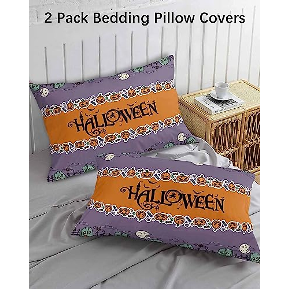 Edwiinsa Halloween Pillow Covers Standard Size Set of 2 Bed Pillow, Fall Pumpkin Black Bats Tombstone Purple Plush Soft Comfort for Hair/Skin Cooling Pillowcases with Envelop Closure 20''x26''