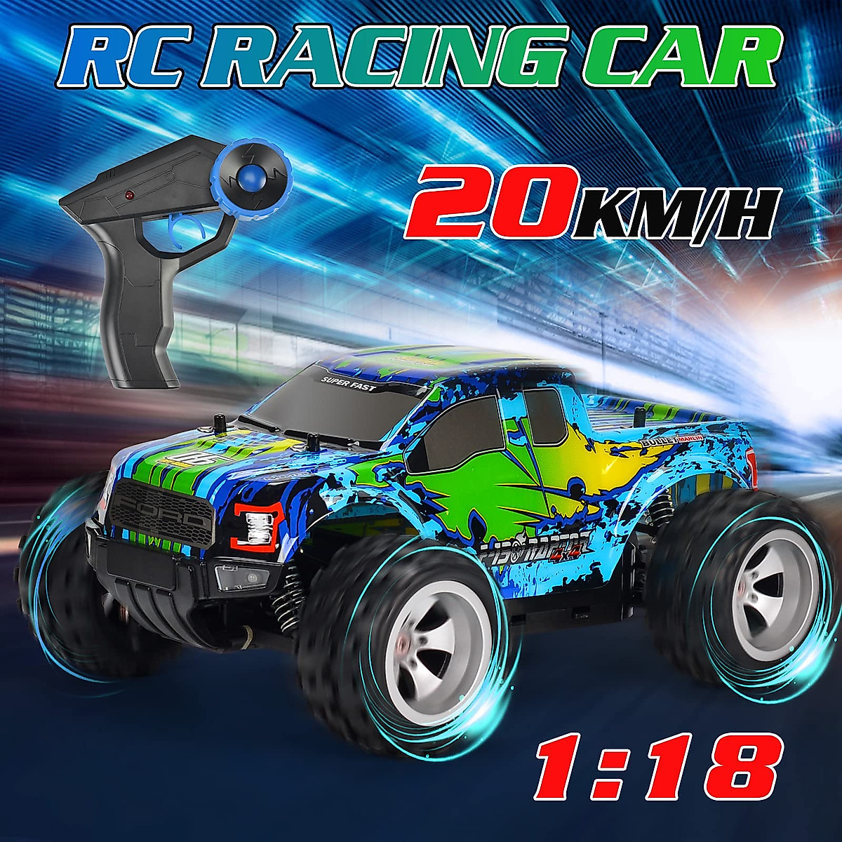 DOUBLE E Ford Raptor F150 Remote Control Car 20km/h 4WD RC Car with Rechargeable Battery Headlights High Speed Off Road Monster Trucks for Boys Girls Kids, Green