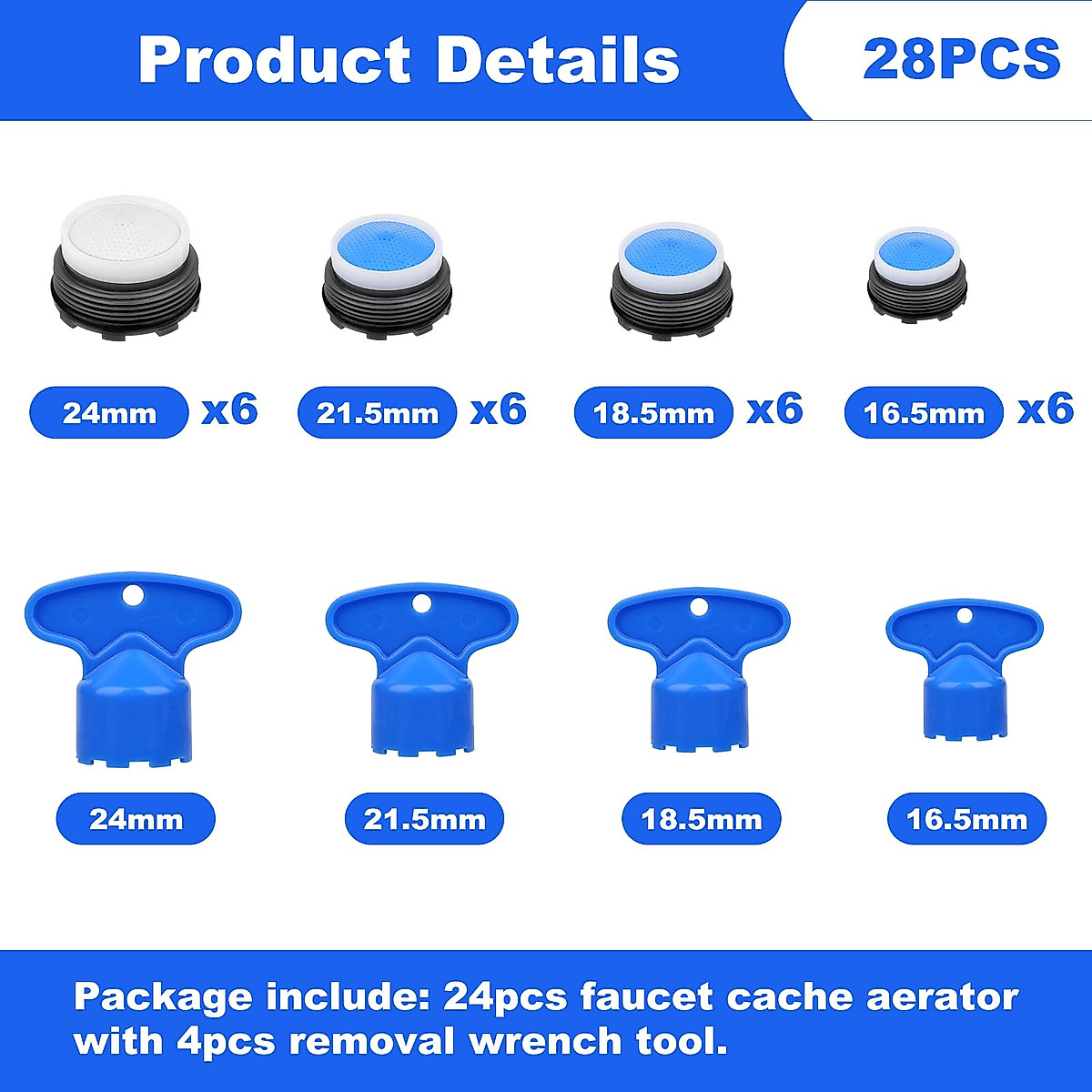 24 PCS Faucet Aerator with 4 PCS Faucet Aerator Key, M16.5 18.5 21.5 24mm Faucet Aerator Removal Tool, ABS Plastic Aerator for Sink Faucet, Faucet Aerator Replacement for Bathroom or Kitchen