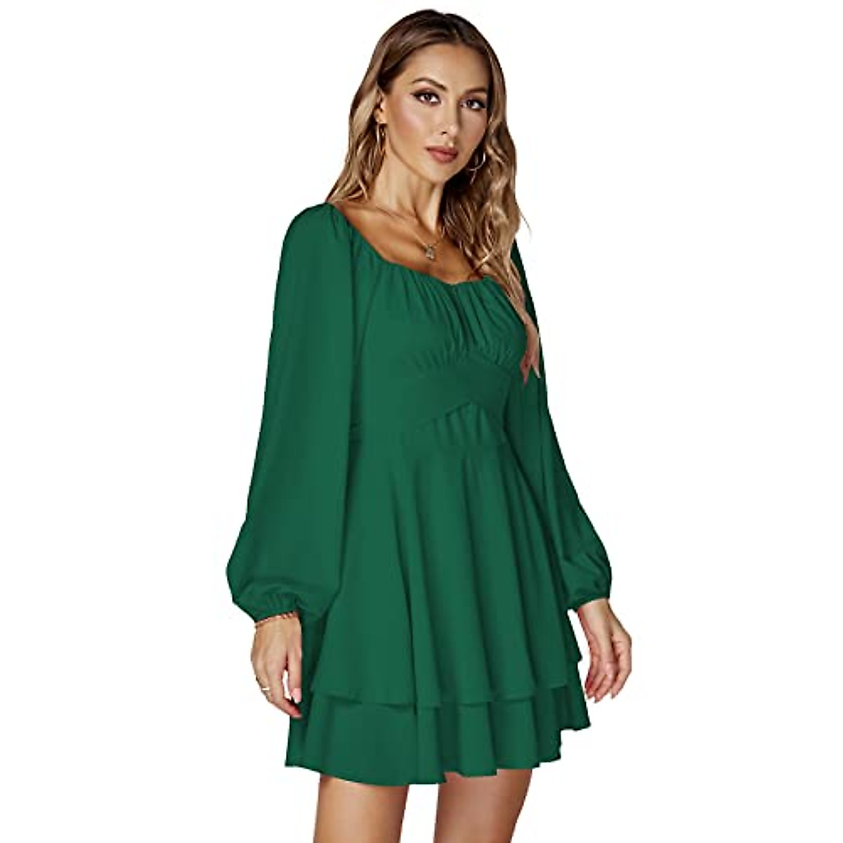 LYANER Women’s Lantern Long Sleeve Wrap Tie Back Square Neck Double Layer Ruffle Hem A Line Short Mini Dress Green Medium