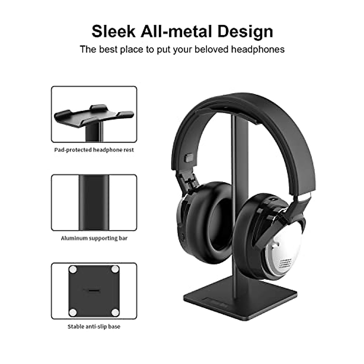 New bee Headphone Stand Headset Holder Earphone Stand with Aluminum Supporting Bar Flexible Headrest ABS Solid Base for All Headphones Size (Black)