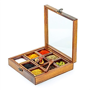 8" Wooden Handcrafted Multi-Compartment Square Storage Box | Kitchen Ware Jar Container Canister For Spices/Sugar/Tea/Dry Fruits/Masala | Christmas Premium Gifts Ideas