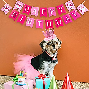 Pinkunn 4 Pieces Cute Dog Birthday Outfit with Pet Tutu Skirt Puppy Pearl Necklace Dog Crown Hat and Banner for Happy Birthday Gift Puppy Dog Pet Cat Birthday Party Supplies (Pink)