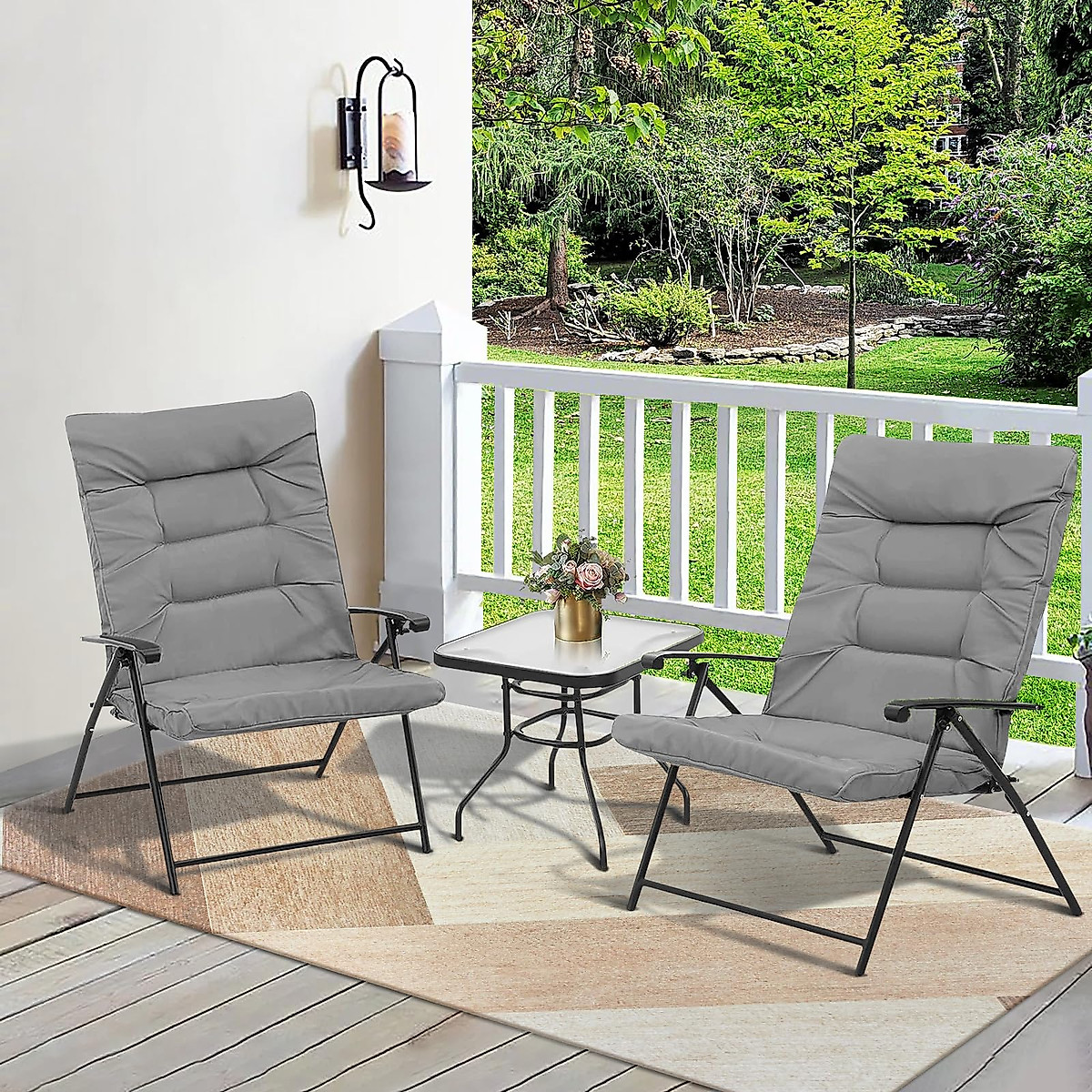 Oakcloud 3-Piece Patio Bistro Set Padded Folding Chair Set Adjustable Reclining Lounge Chairs with Cushion & Tempered Glass Coffee Table, Grey