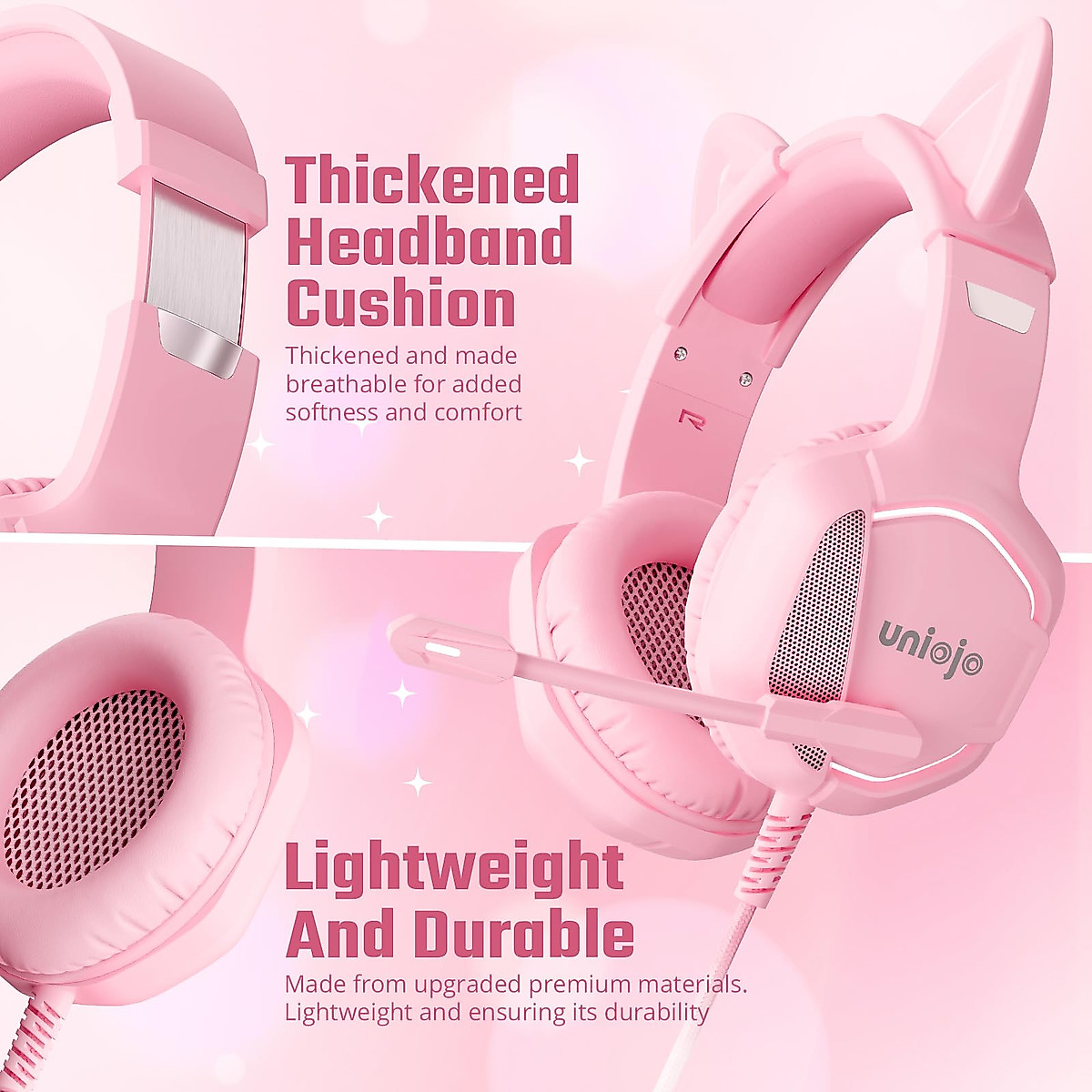 Pink Gaming Headset Noise-Canceling Mic with Stereo Surround，Wired Over-Ear Headphones with Retractable and Flexible Mic&Memory Foam Ear Pads,Removable Cat Ears，for Xbox Series, PS5, PS4, PC, Mobile.