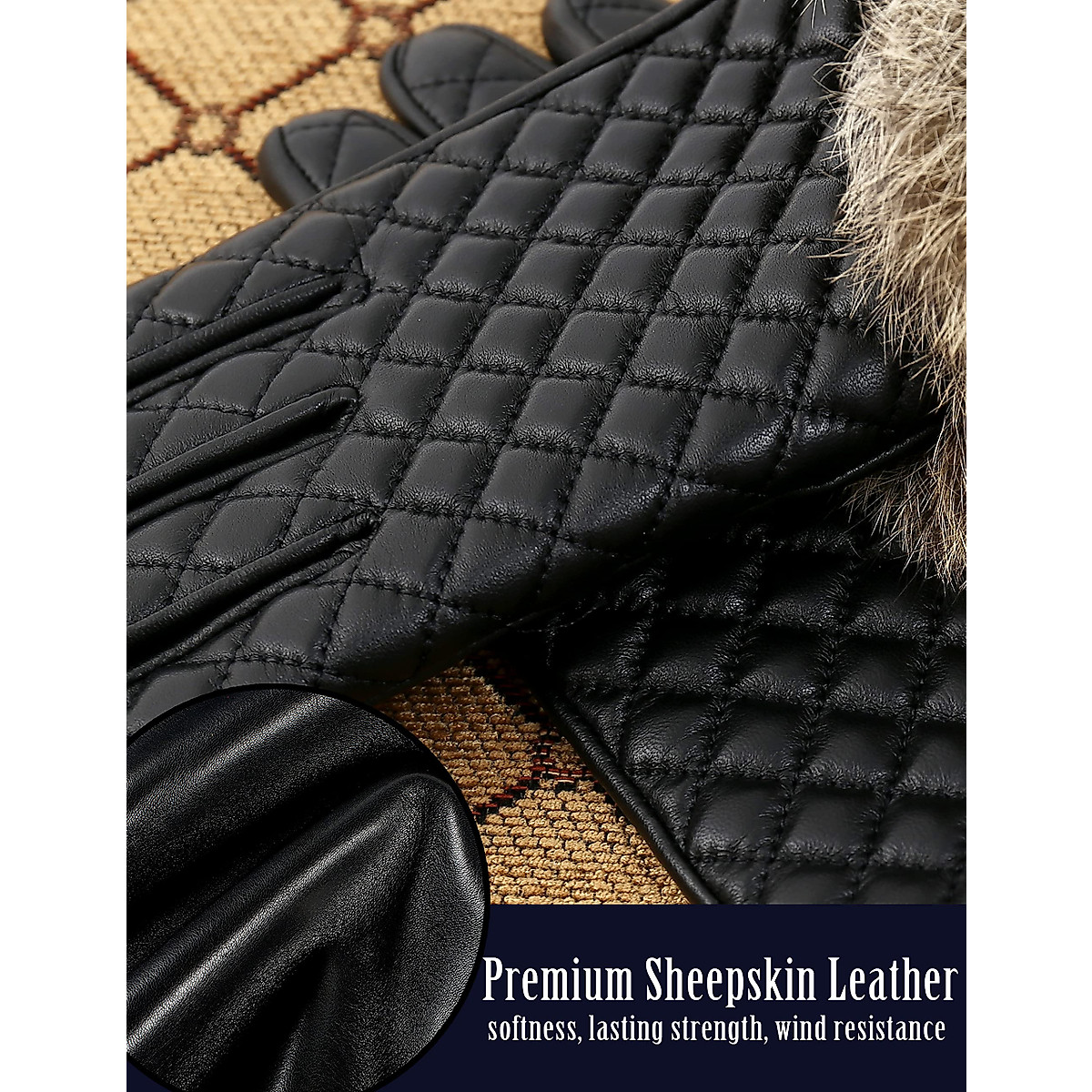 VIKIDEER Winter Warm Cashmere Lining Rabbit Fur Cuffs Leather Gloves for Women Touchscreen Black Large