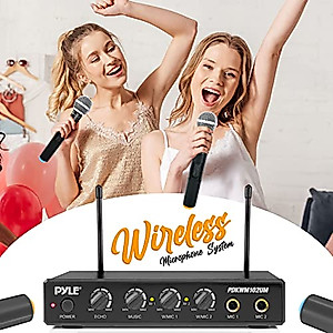 Pyle Wireless Karaoke Microphone System - Portable Audio Sound Mixer Receiver Set w/Dual Mic Setting, Two Handheld Mics, 3.5mm AUX & RCA Cord - for DJ Sound, Home Party, & Theater - PDKWM102UM