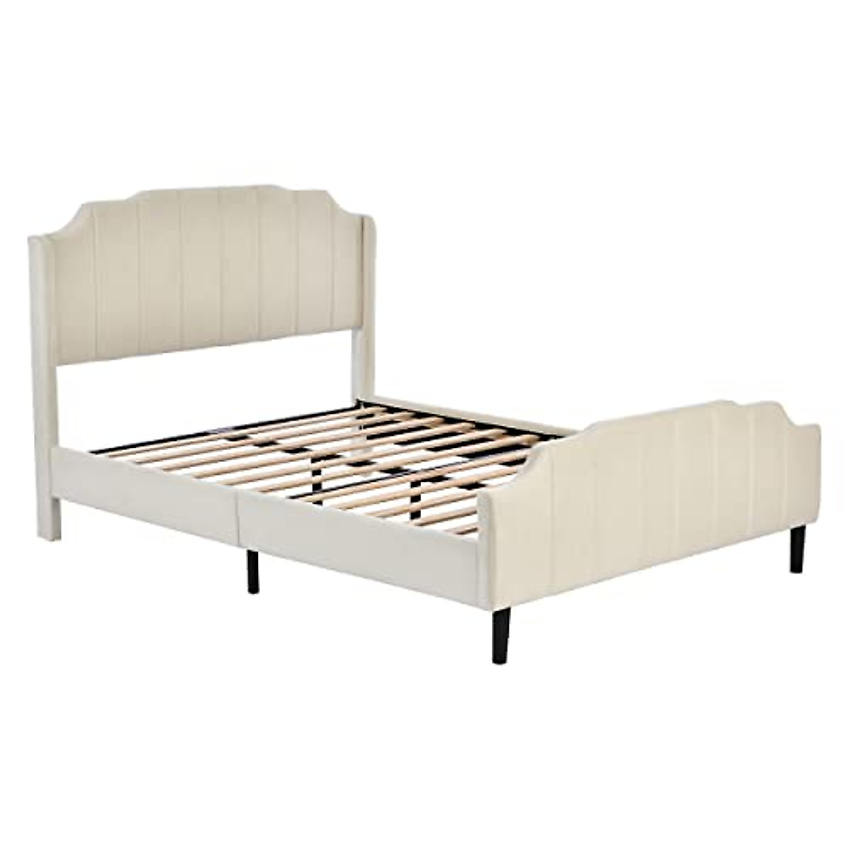 Queen Size Upholstered Bed with Headboard and Footboard, Wood Queen Platform Bed Frame for Bedroom, Velvet Fabric, No Box Spring Needed (Queen, Beige)