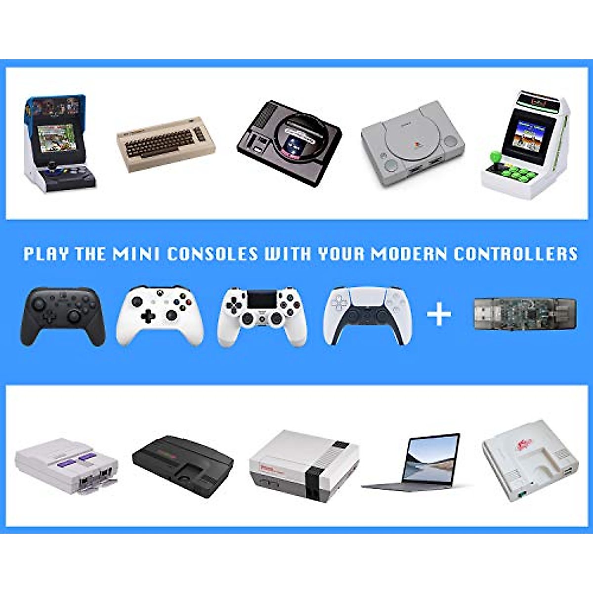 Mini Converter- Wireless Controller Adapter for NeoGeo Mini/Genesis Mini/TG16 Mini/PS Classic/NES SNES Classic/Astro City Mini, Gaming Controller Adapter for PS5/PS4/Xbox one/Switch Pro Controller