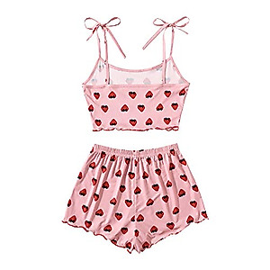 SweatyRocks Women's Summer Strawberry Print Cami Top and Shorts Sleepwear Pajamas Set Strawberry Pink M