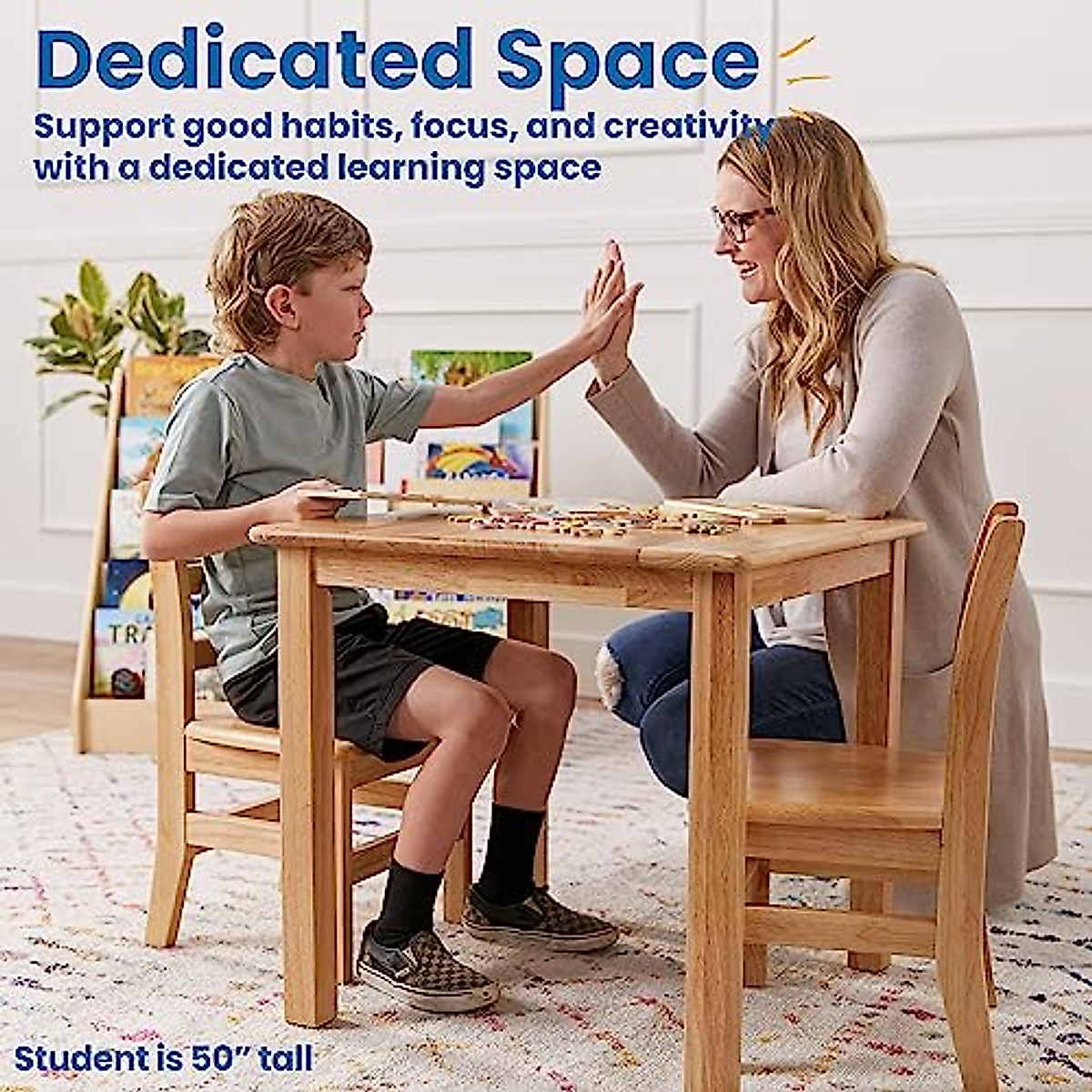ECR4Kids 24in x 24in Hardwood Table and Chairs, 12in Seat Height, Kids Furniture, Natural, 3-Piece