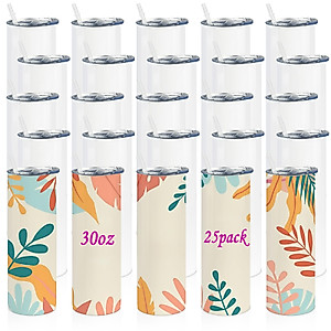 AiHeart 30oz Sublimation Straight Skinny Tumblers with Straw and Lid,Sublimation Stainless Steel Blanks Bulk,Double Wall Vacuum Insulated Tumblers,Metal Water Cup(25Pack White)