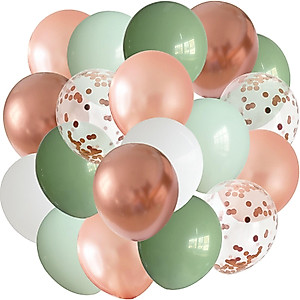 ANSOMO Sage Green and Rose Gold Latex Balloons 12 Inch 50 Pcs Party Decorations Matte White Pink Spring Chrome Confetti Balloons Wedding Birthday Bridal Baby Shower Graduation Décor Supplies
