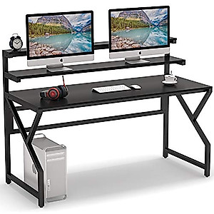 Tribesigns Office Desk with Monitor Stand, 55 Inch Large Modern Computer Desk Gaming Table Studying Writing Desk Workstation with Hutch for Office & Home Office, Black