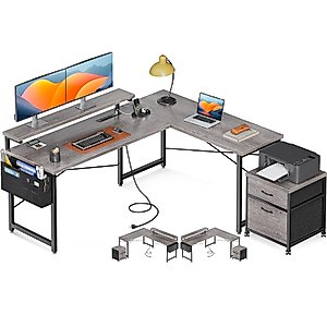 AODK L Shaped Computer Desk, 55" Office Desk with File Cabinet, Power Outlet and Adjustable Monitor Stand, Executive Home Office Furniture Set, Reversible Corner Desk with Storage Bag, Oak Grey