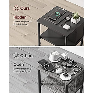 VASAGLE Side Table with Charging Station, 3-Tier End Table with USB Ports and Outlets, Nightstand for Living Room, Bedroom, 11.8 x 13.4 x 22.8 Inches, Plug-in Series, Black