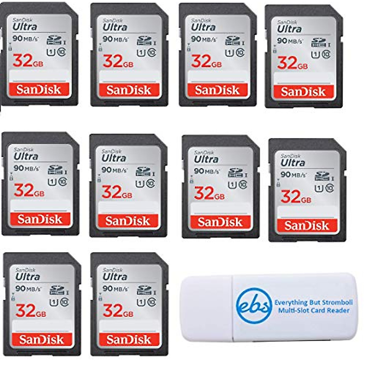 SanDisk Ultra - 10 Pack Bundle UHS-I Class 10 SD Flash Memory Card Retail (SDSDUNC-032G-GN6IN) - With Everything But Stromboli (TM) Combo Card Reader