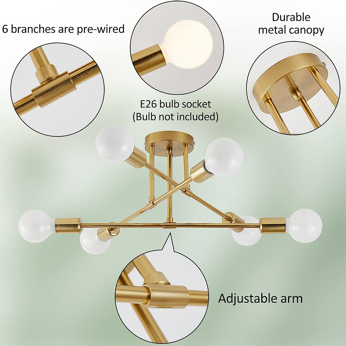 YXTH Semi Flush Mount Ceiling Light Fixture, 6 Lights Modern Sputnik Chandelier Ceiling Lamp with E26 Bulb Base, Light Fixtures Ceiling Mount for Bedroom Kitchen Living Room Hallway (Gold)