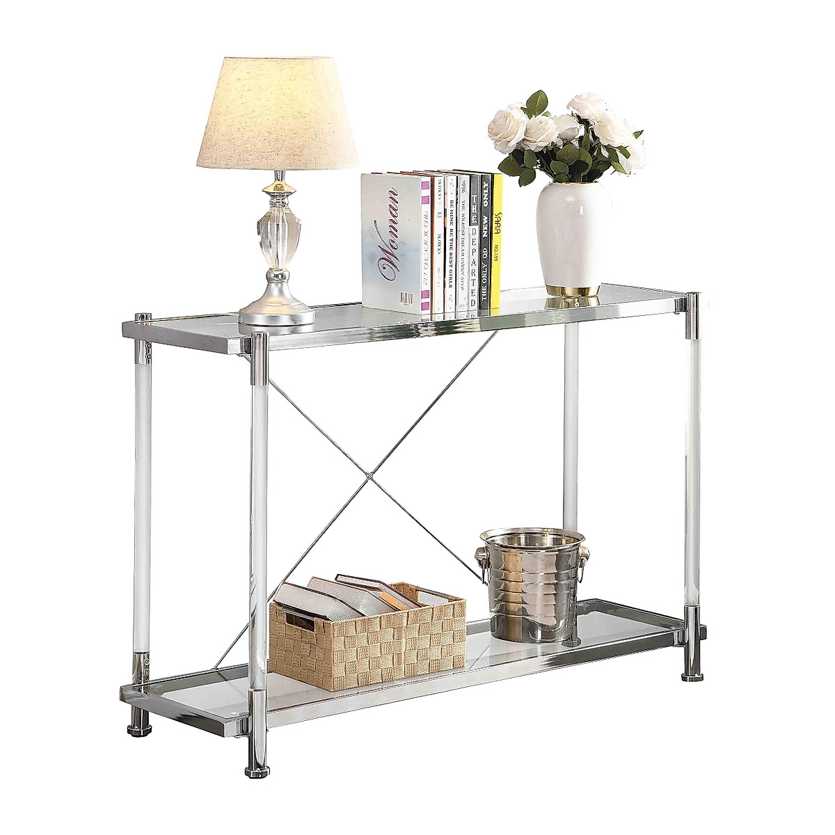 43.3 Inch Chrome Glass Console Table, 2 Tier Narrow Hallway Side Table with Acrylic & Metal Frame, Modern Minimalist End Table Sofa Table (Silver)
