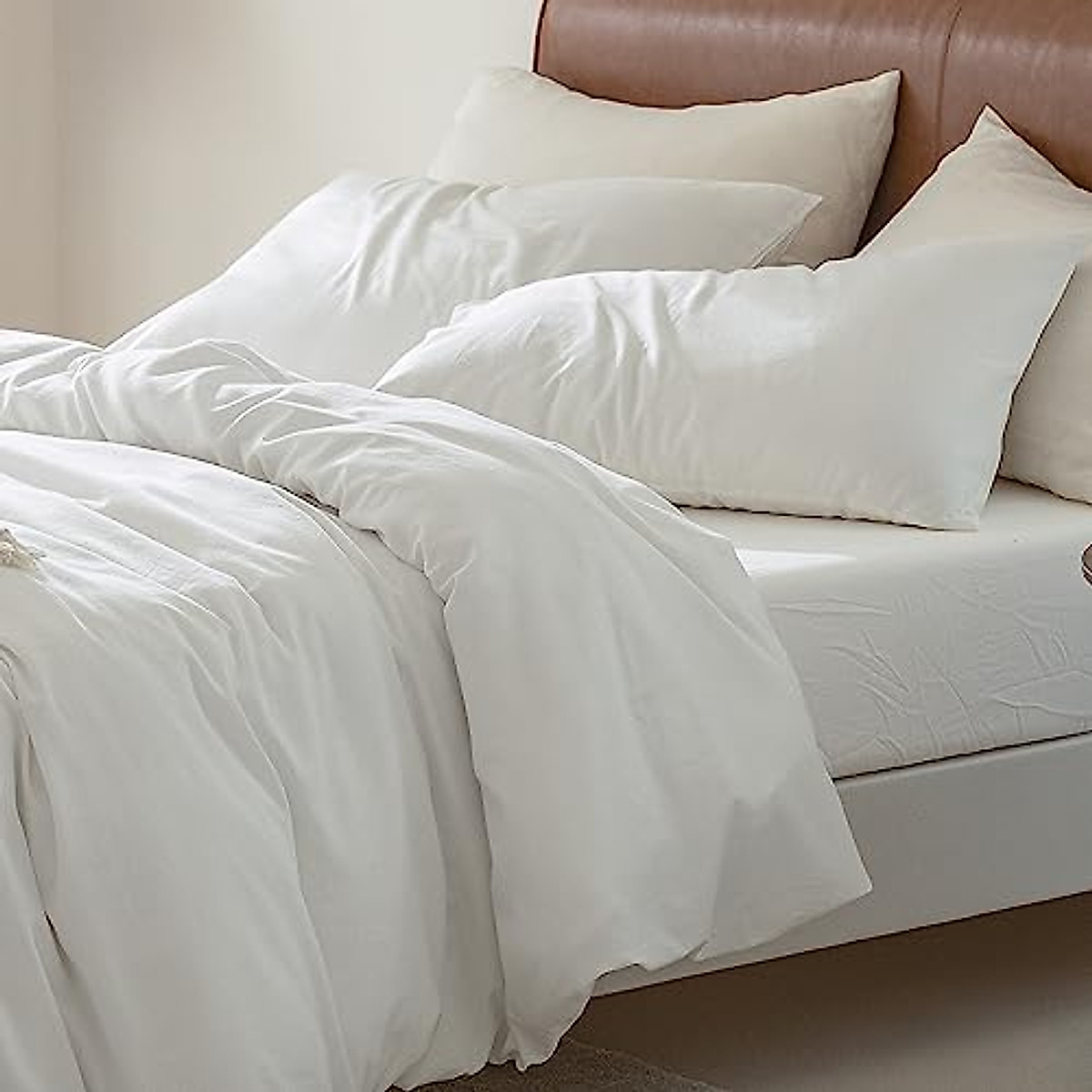 FOSSA Duvet Cover Set 100% Washed Cotton 3 Pieces Bedding Set Twill Soft Cozy Breathable Sturdy Substantial with Textured Weave Solid White Queen