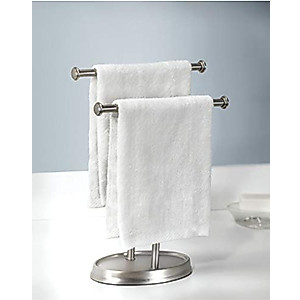 Umbra Palm Double Hand Towel Tree, Brushed Nickel 2 Towels Holder and Accessories Stand for Bathroom Vanities - Slim, Modern, Durable Bars With Base Serves as a Jewelry Tray for Rings