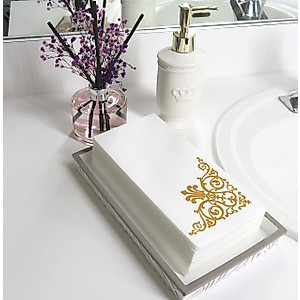 100 Bathroom Paper Hand Towels - Linen-Feel Guest Towels, Disposable Cloth Dinner Napkins, Ideal for Wedding Reception,Party Or Kitchen, White And Gold 12"x 17"
