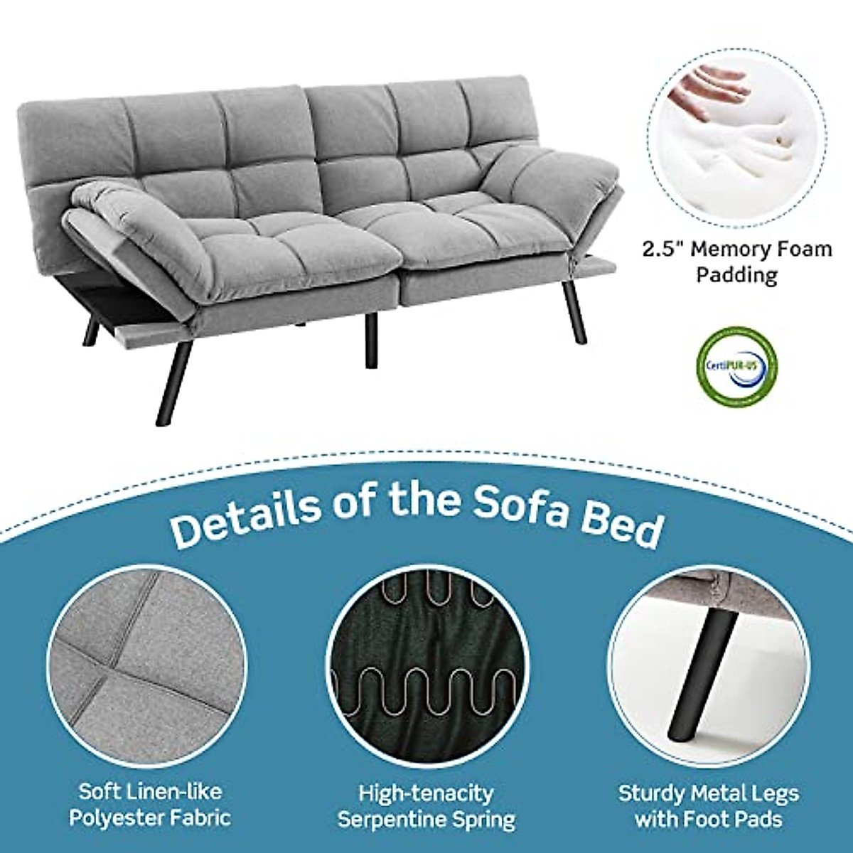 KOMFOTT Futon Sofa Bed, Linen Fabric Memory Foam Convertible Futon Couch with Adjustable Backrest & Armrests, Metal Legs, Modern Loveseat Sleeper Bed Split-Back Sofa for Small Apartment & Office