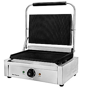 Chef's Supreme Commercial Panini Grill, 14" x 9" Non Stick Grooved Plates, 120V 2200W, 120F - 570F Heat Control, Perfect for Sandwiches, Burgers, Steaks and More