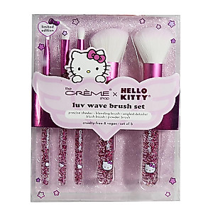 The Creme Shop Hello Kitty Luv Wave Brush Collection - Versatile & Silky-Soft Makeup Brushes - Precise Shader, Blending Brush, Angled Detailer, Blush Brush, Powder Brush - Durable & Easy to Wash - Set