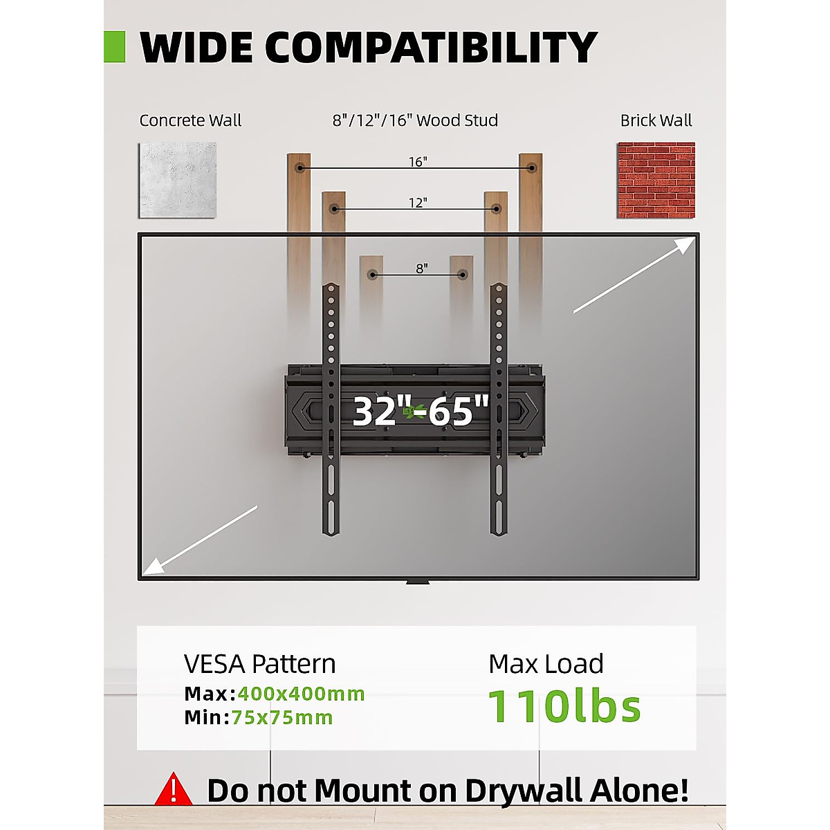 USX MOUNT Full Motion TV Wall Mount for Most 32-65 inch Flat Screen/LED/4K TVs, Swivel/Tilt TV Mount Bracket with Articulating Dual Arms Max VESA 400x400mm, Holds up to 110lbs, for 16" Wood Stud.