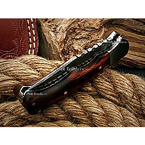 JNR TRADERS Damascus Pocket Knife with Sheath, Folding Knife, Handmade Small Folding Pocket Knife with Sheath, Wood Handle 2397
