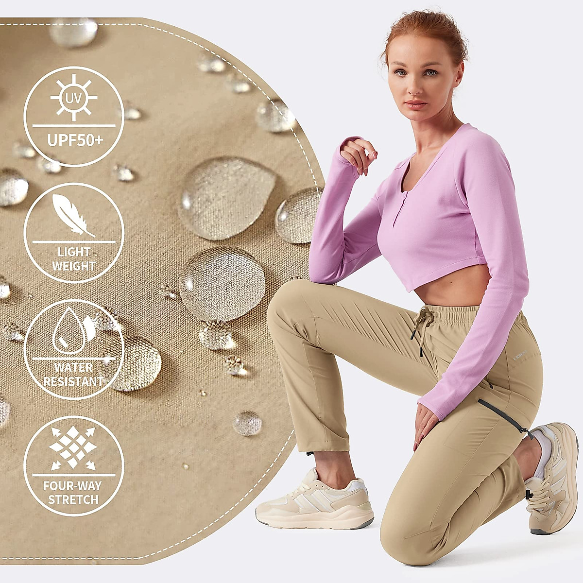 Women's Hiking Cargo Pants Outdoor Lightweight Quick Dry Water Resistant UPF 50+ Capris Pants with Zipper Pockets Khaki M